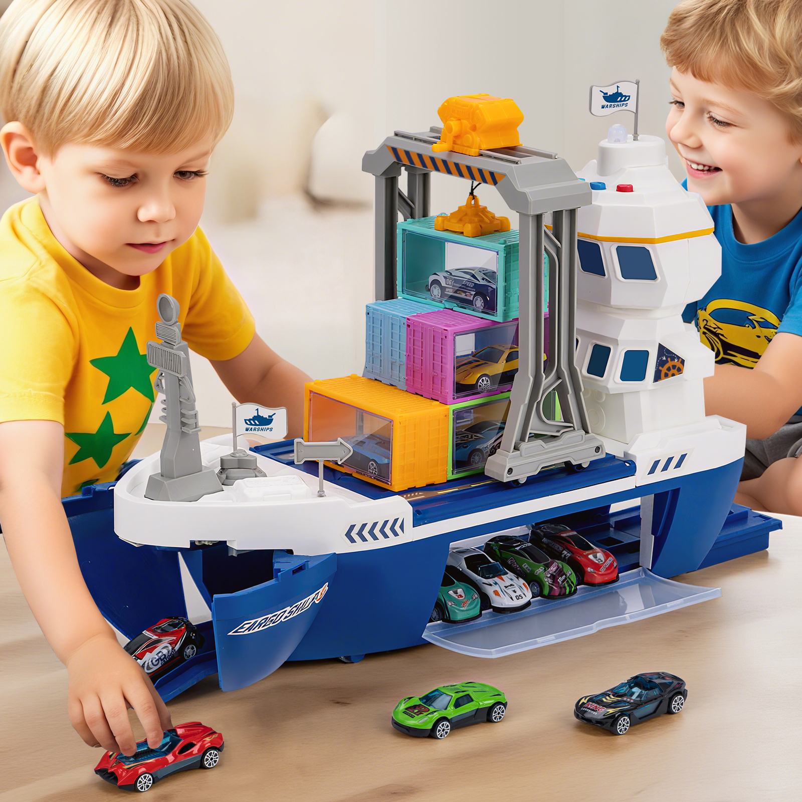 Cargo Ship with Transport Containers and Race Cars, Toy Boat and Gantry ...