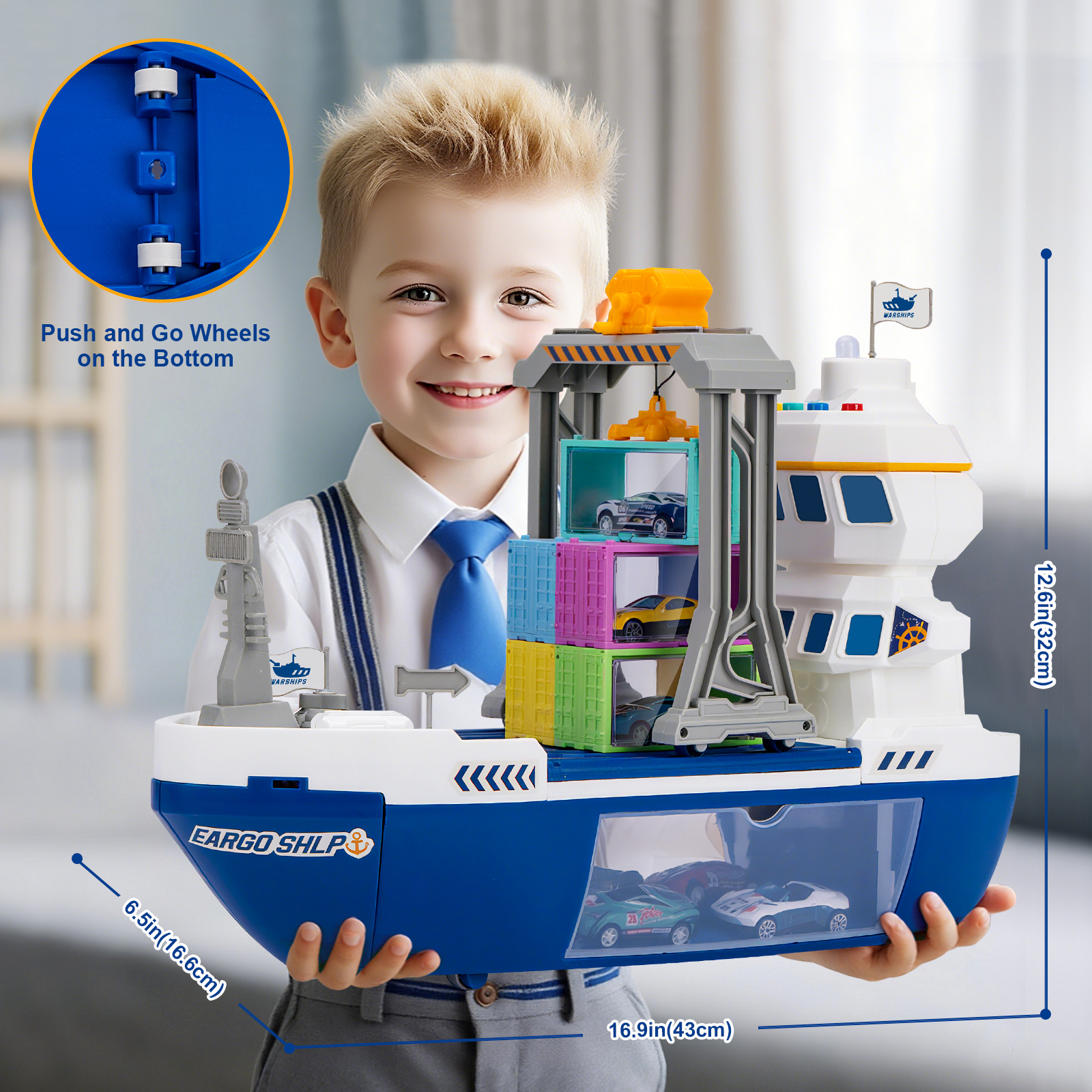 Cargo Ship with Transport Containers and Race Cars, Toy Boat and Gantry ...