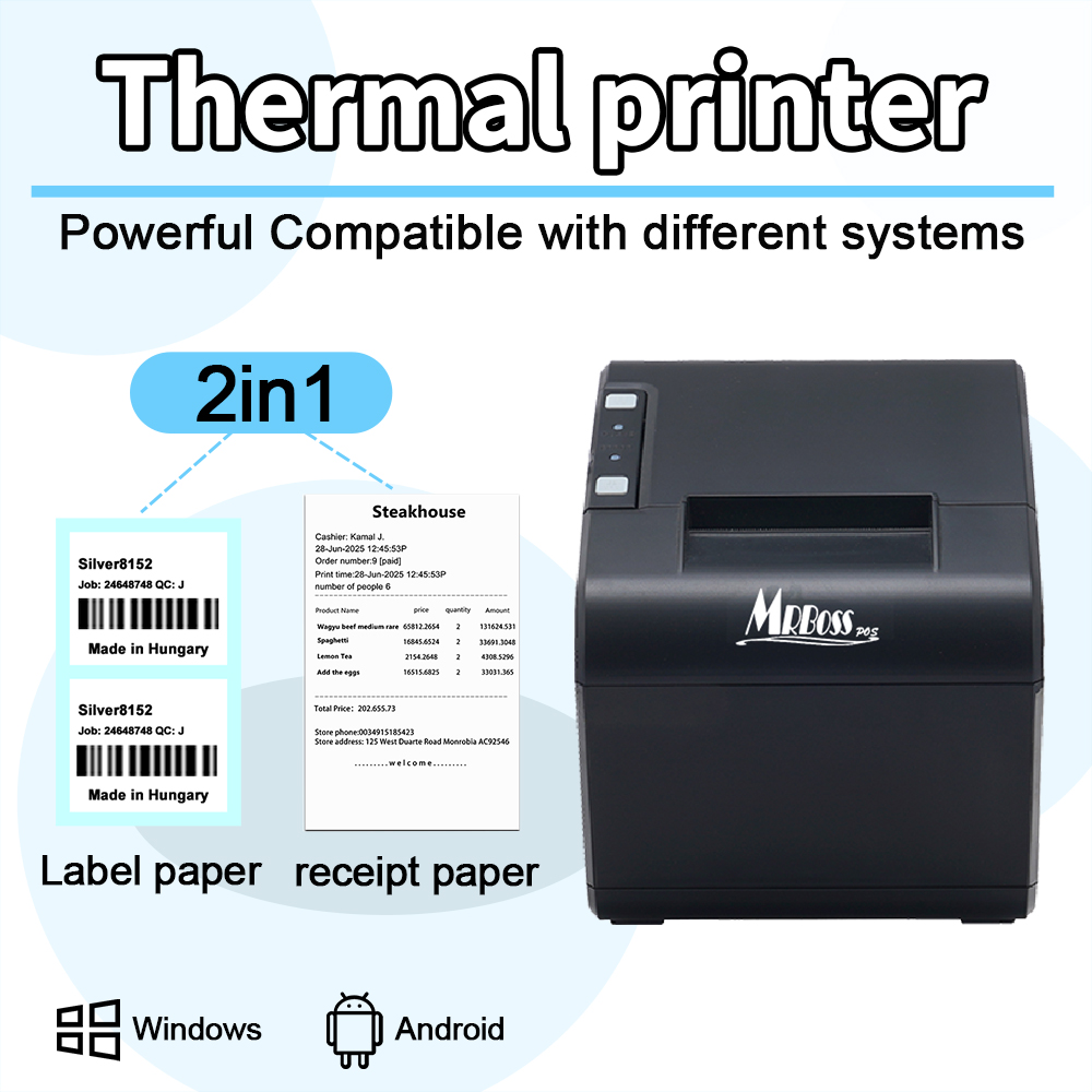 MR.BOSS thermal label and receipt printer Bluetooth connection + USB, supports label printing ...