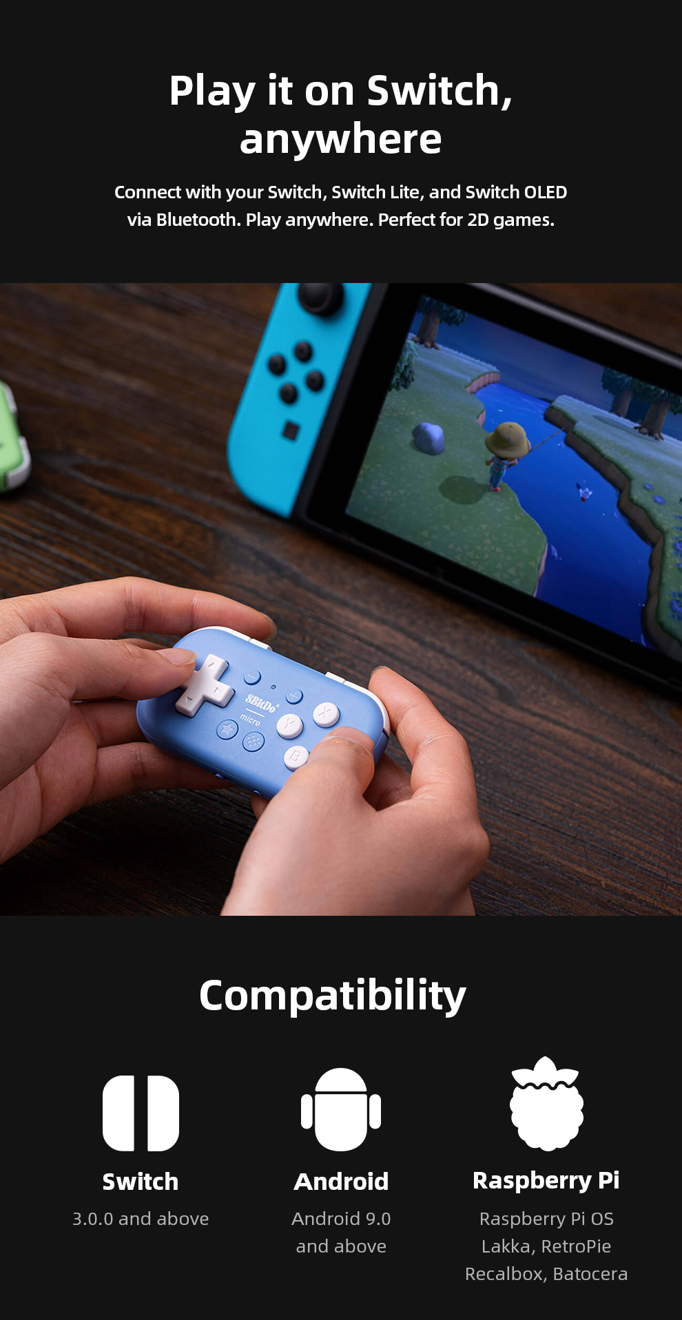 8BitDo Micro Bluetooth Controller Pocket-sized Mini gamepad for Switch, Android, and Raspberry ...