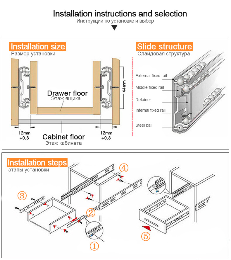 NAIERDI 10" - 22" Stainless Steel Drawer Slides Soft Close Drawer Track ...