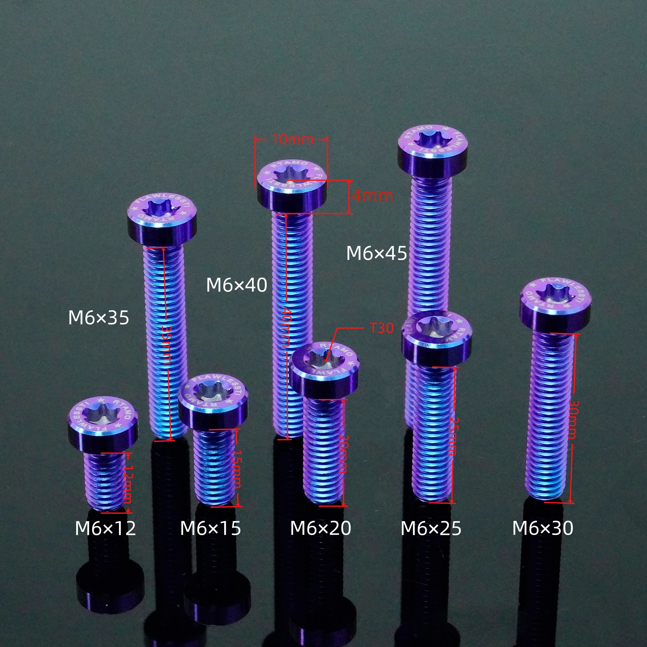 FLAWLESSTI M6 ×12-45 mm ×1.0P Gr5 titanium bolts T30 for moto ...