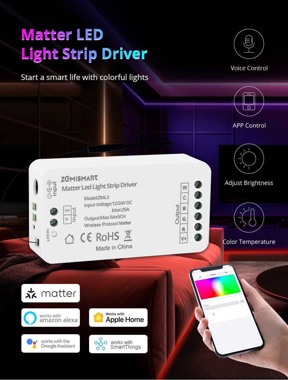 Zemismart Matter Wifi LED Light Strip Driver,DIY Light Controller Smart ...