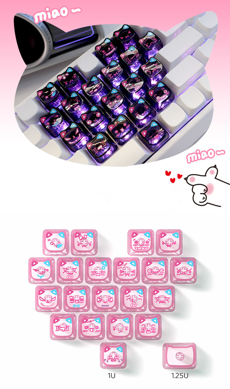 MAO Cat Love Keycaps 21 Keys PC Material Transparent Keycap(With ...