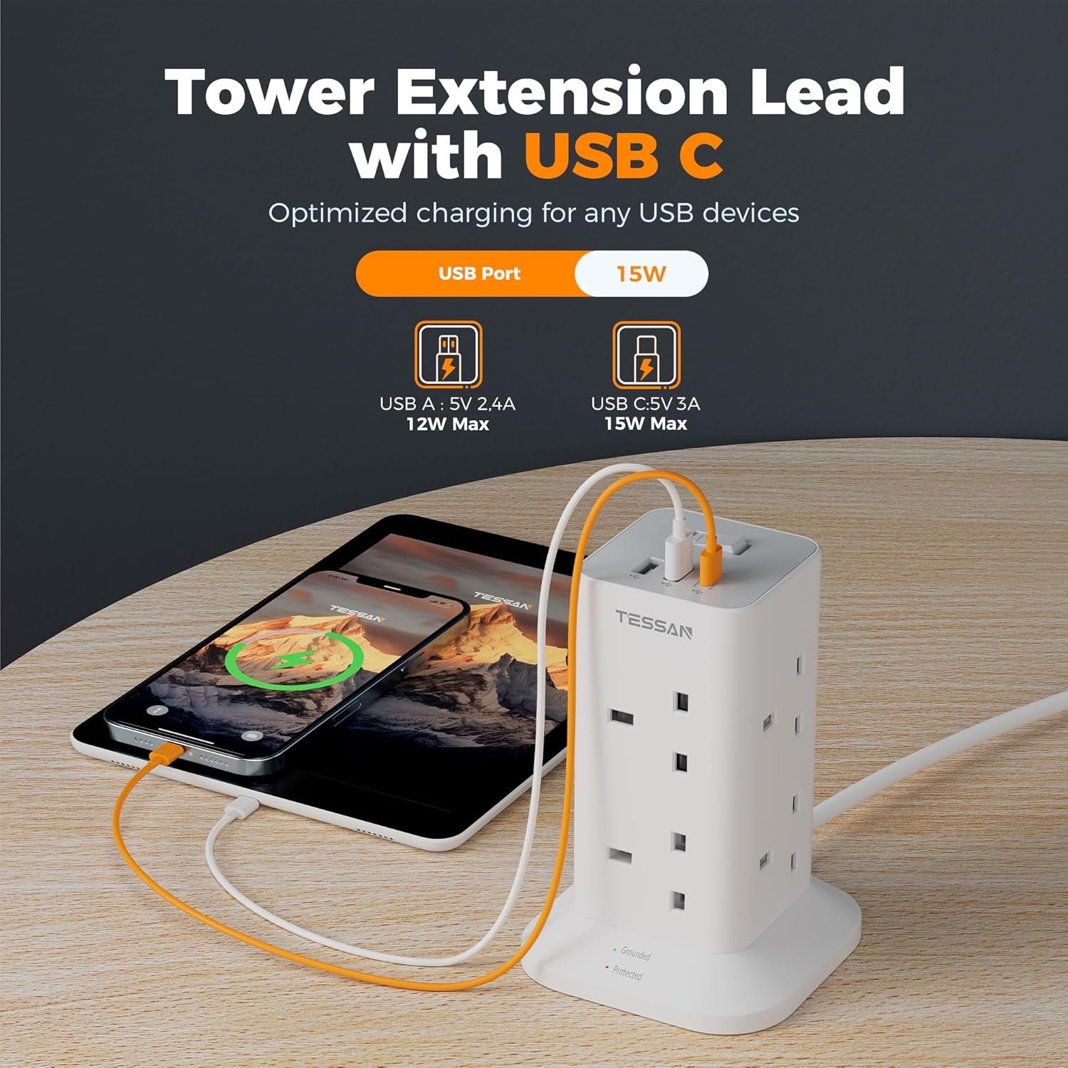 TESSAN Tower Extension Socket with USB+Type C,Surge Protector Multi ...