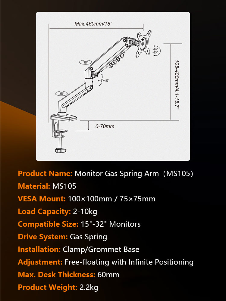 Lemorele Monitor Arm Stand Adjustable Height Bracket Desktop Computer ...