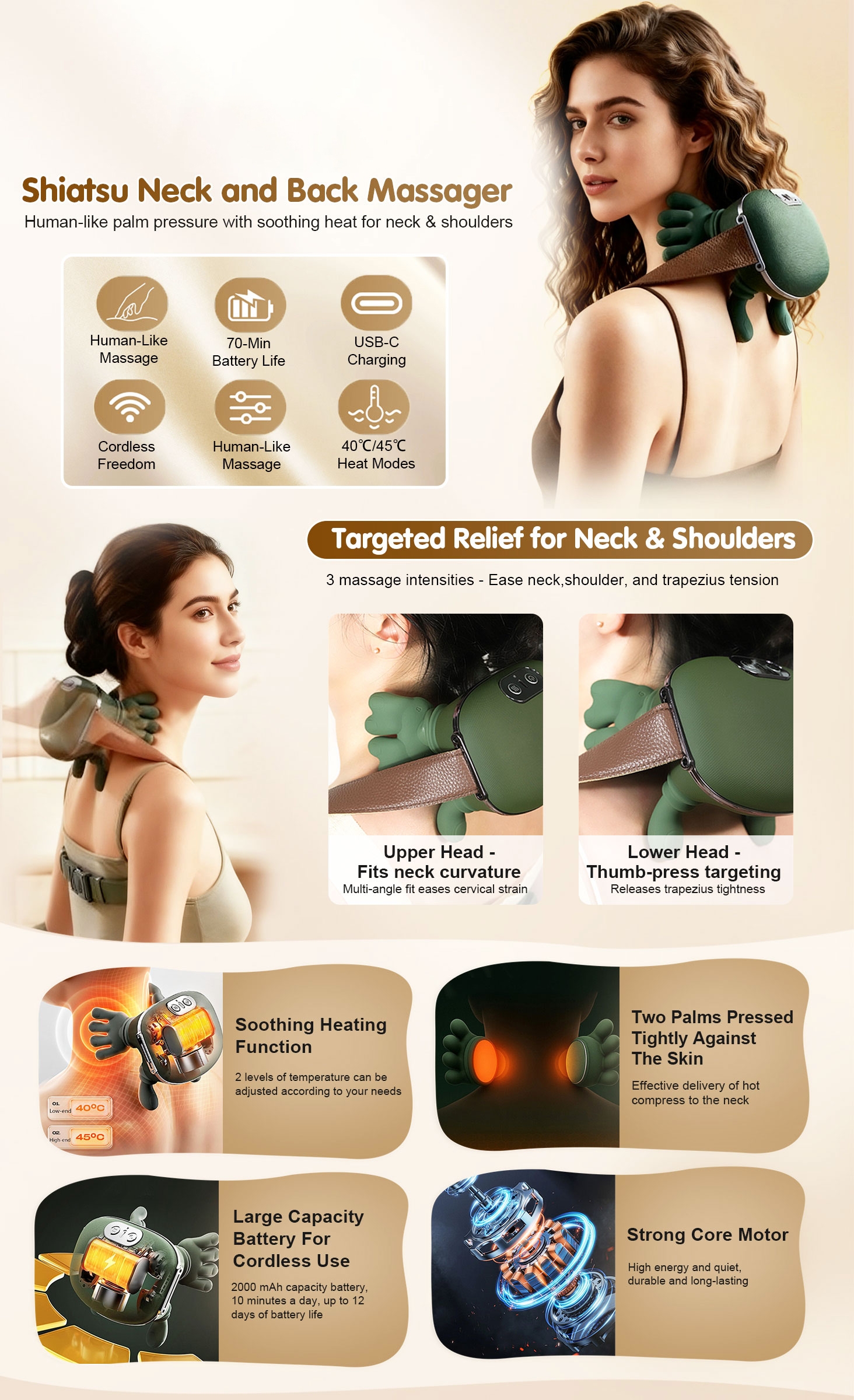 JAERSENT Neck shoulder massager Heating kneading Human hand-like neck ...