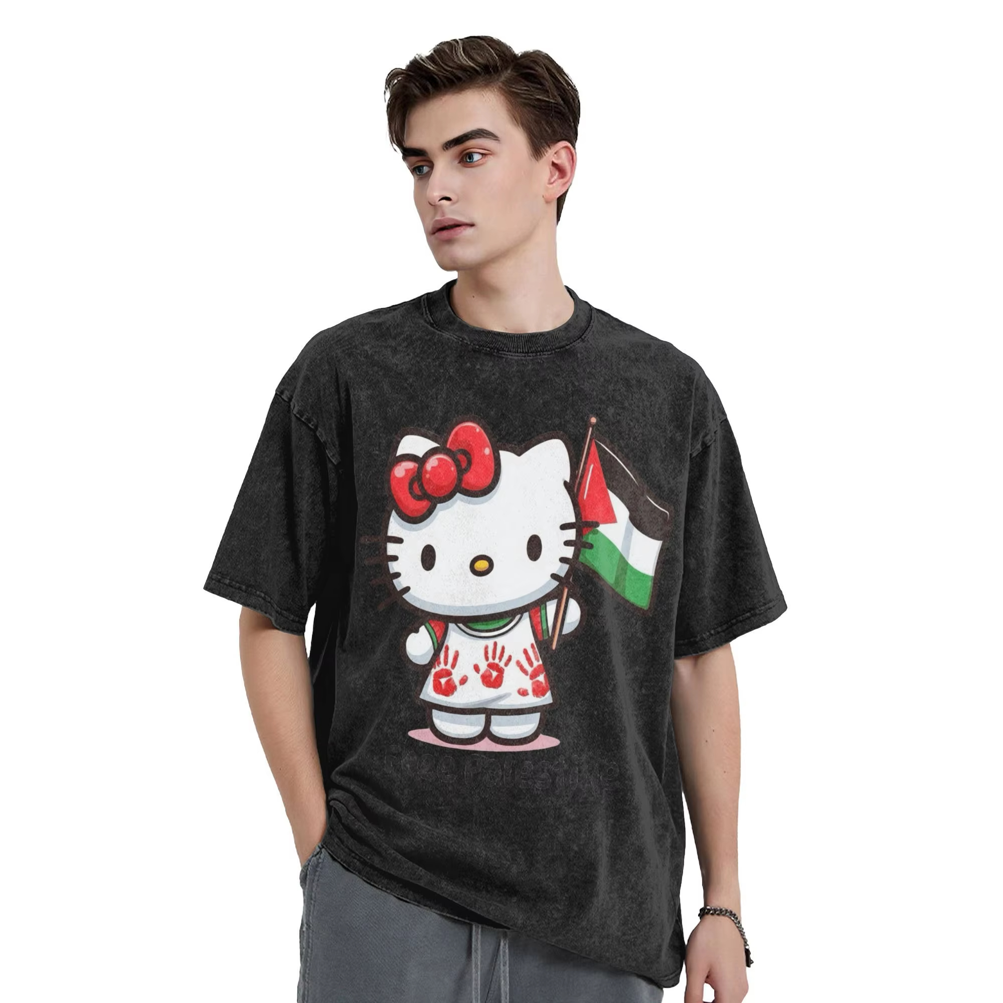 Hello Kitty Palestinian Flag Men's and Women's Fashion Washed Cotton T ...