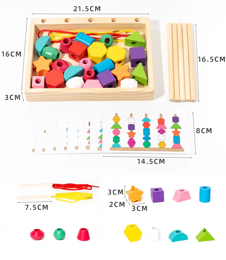 Montessori Wooden Toy 5-in-1 Color Shape Blocks and Beads Sorting Game ...