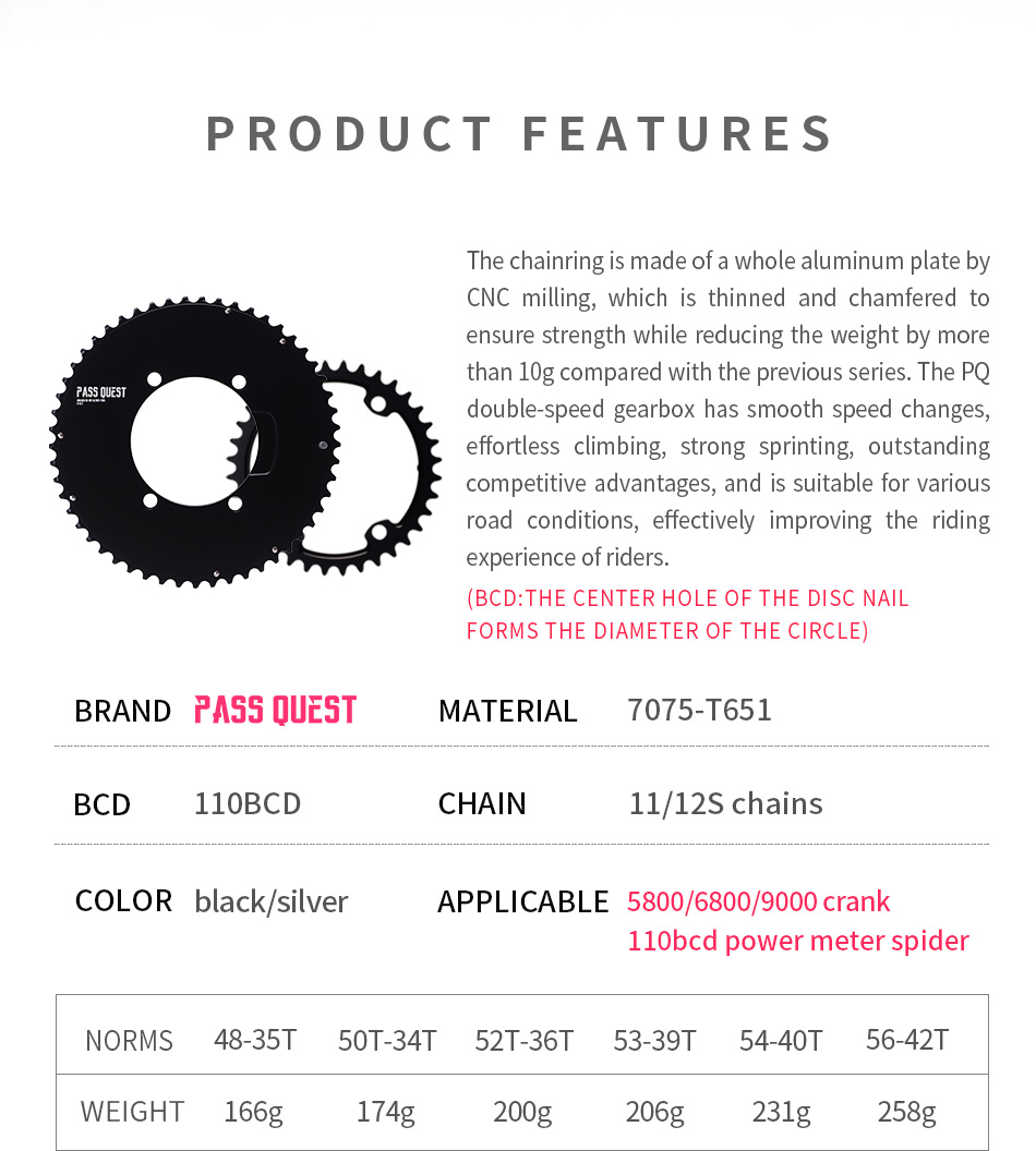 PASS QUEST 110 bcd chainring road bike Narrow wide double Chain ring ...
