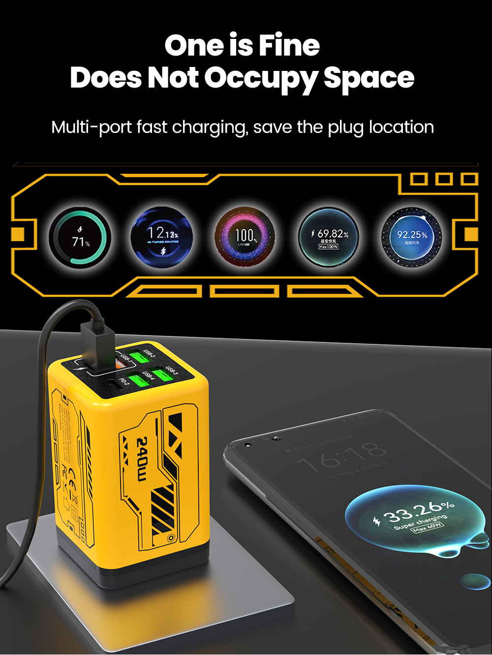 240W Ultra Fast Charger 6 Ports PD Type-C Phone Charger USB-C QC 3.0 ...