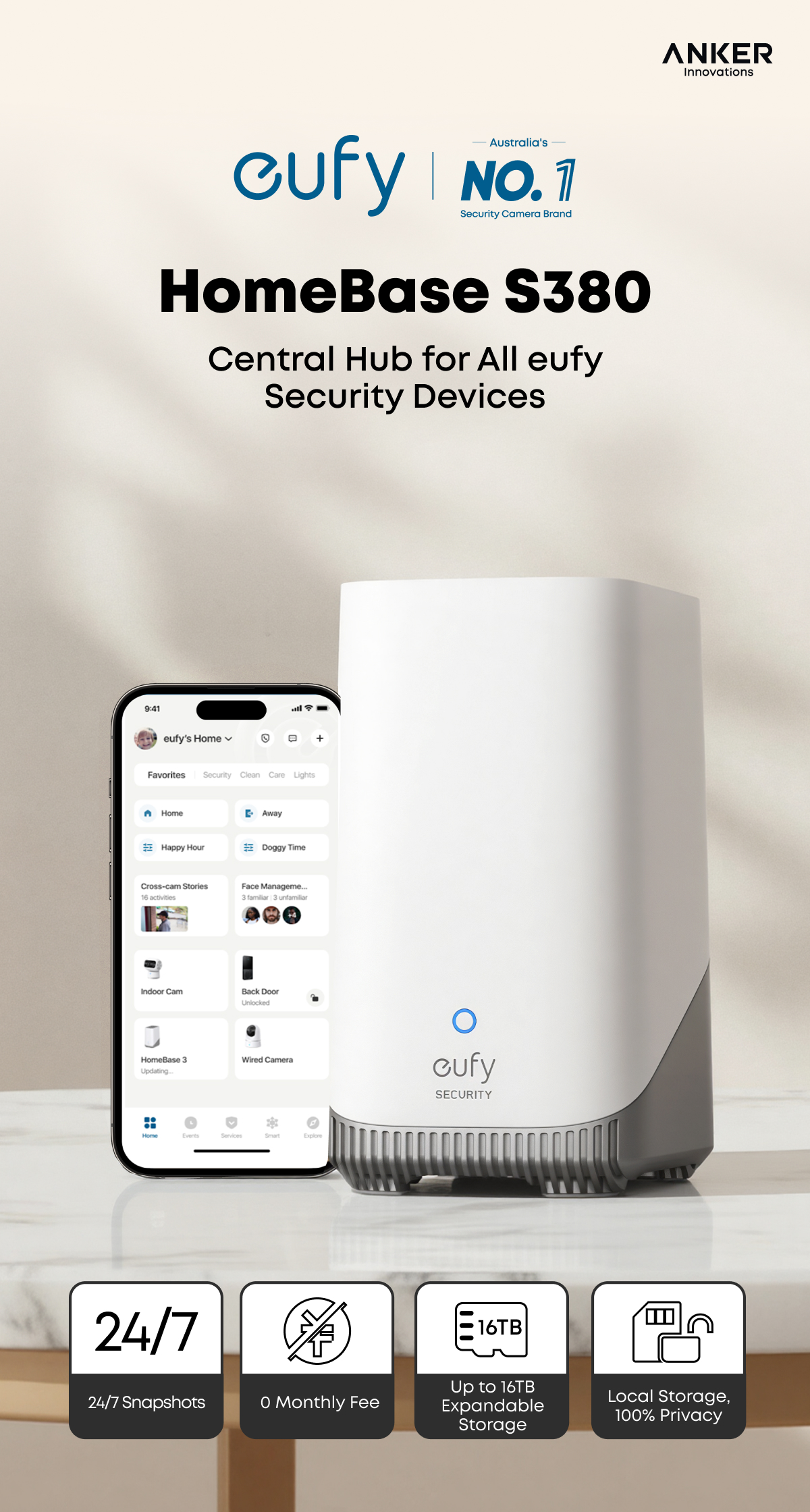 eufy Security by Anker S380 HomeBase 3, Edge Security Center, Local ...