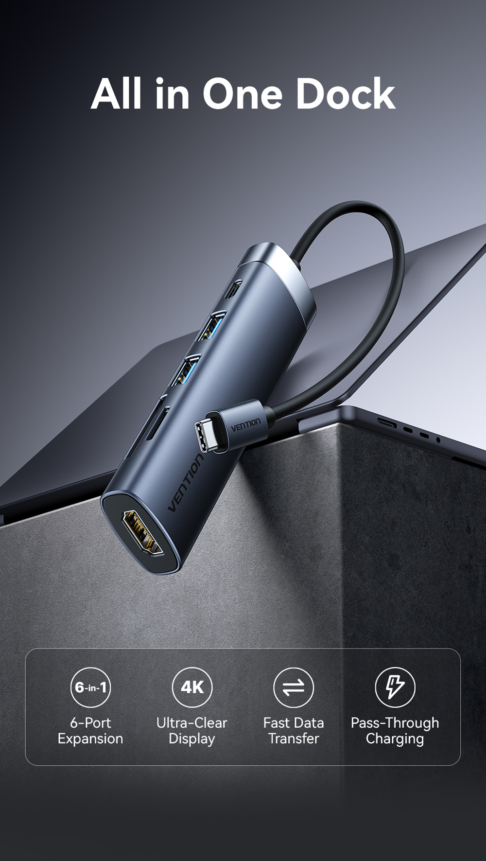 Vention Type-C Docking Station 4K 6-in-1 Multi-Port Hub for Laptops ...