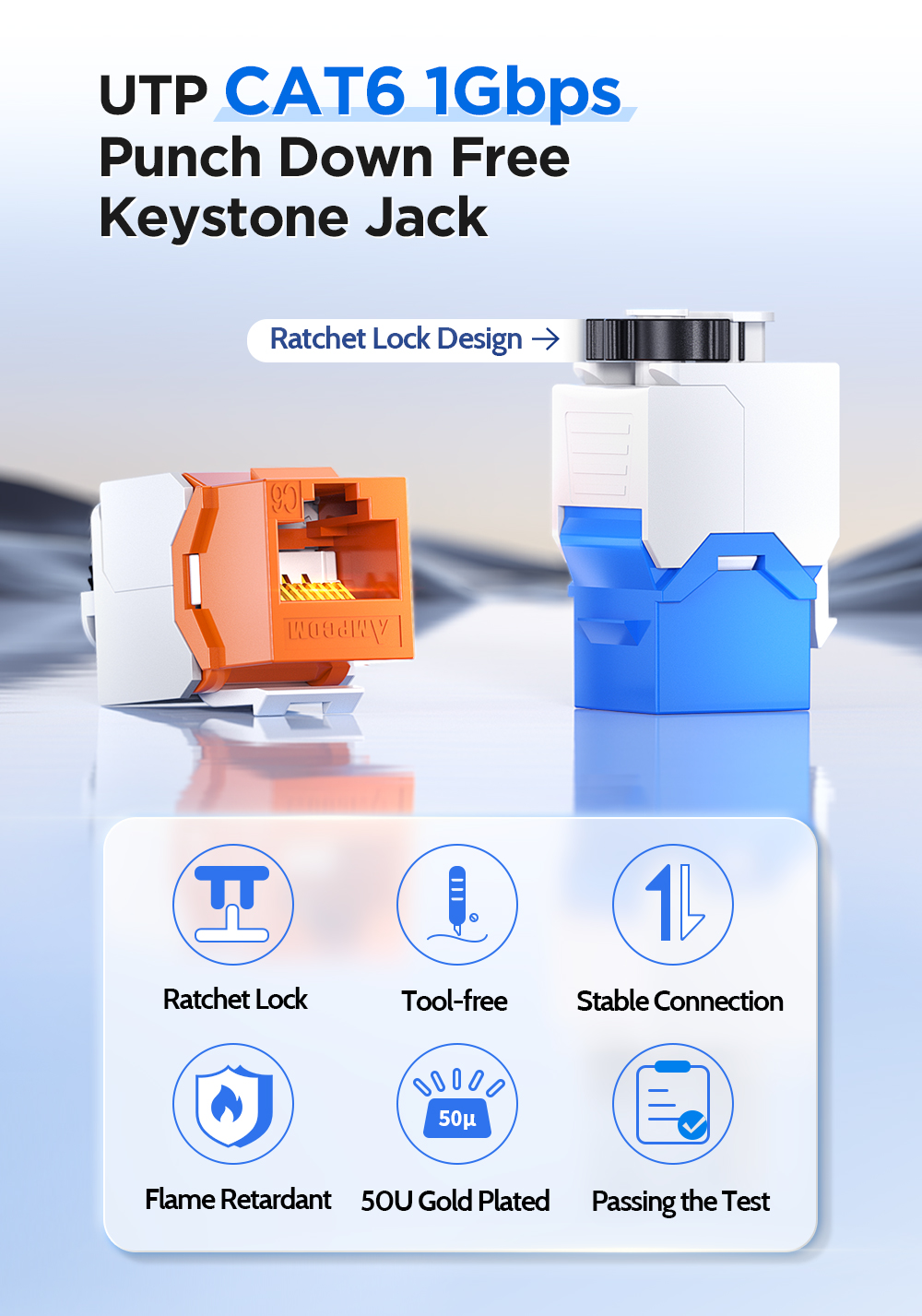 AMPCOM CAT6 RJ45 Keystone Jack, Ratchet Lock UTP Toolless Modular ...