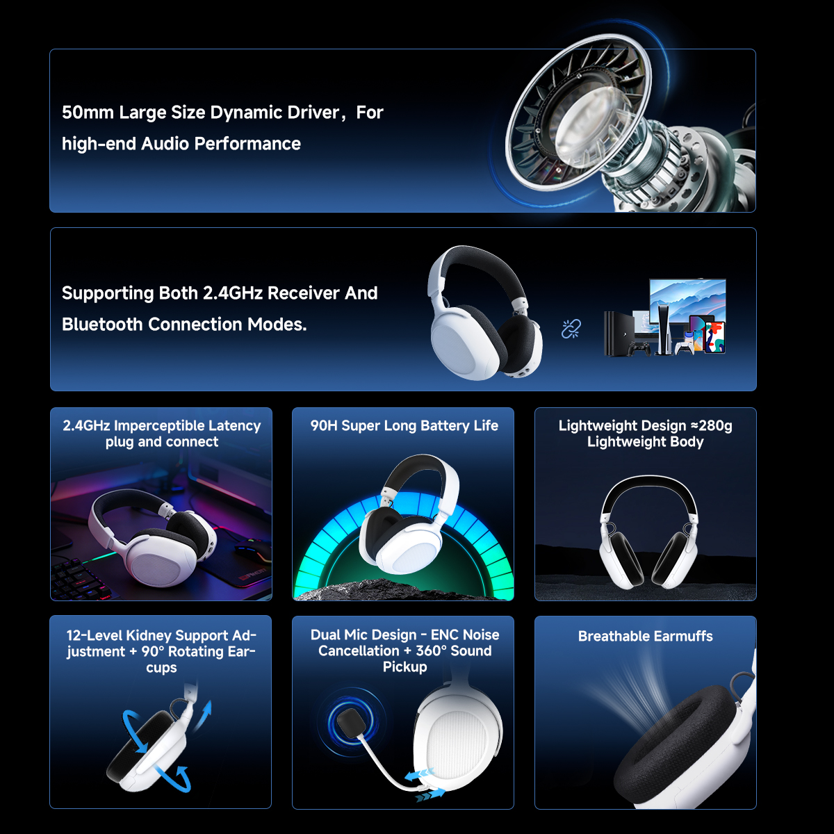 ASRVA AGH2 Wireless Gaming Headphones Dual-Mode Gaming Headset Multi ...