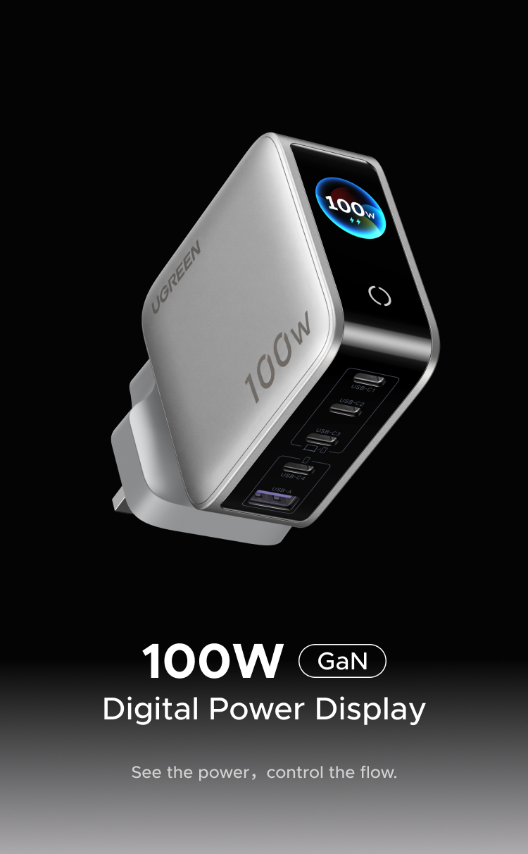 【TFT display screen Charger】UGREEN 100W GaN 5 Ports Fast Charger 8-fold ...