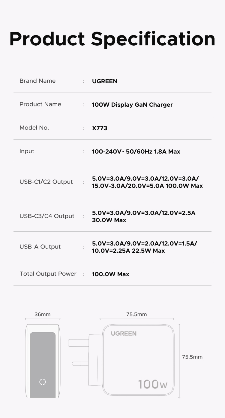 【TFT display screen Charger】UGREEN 100W GaN 5 Ports Fast Charger 8-fold ...