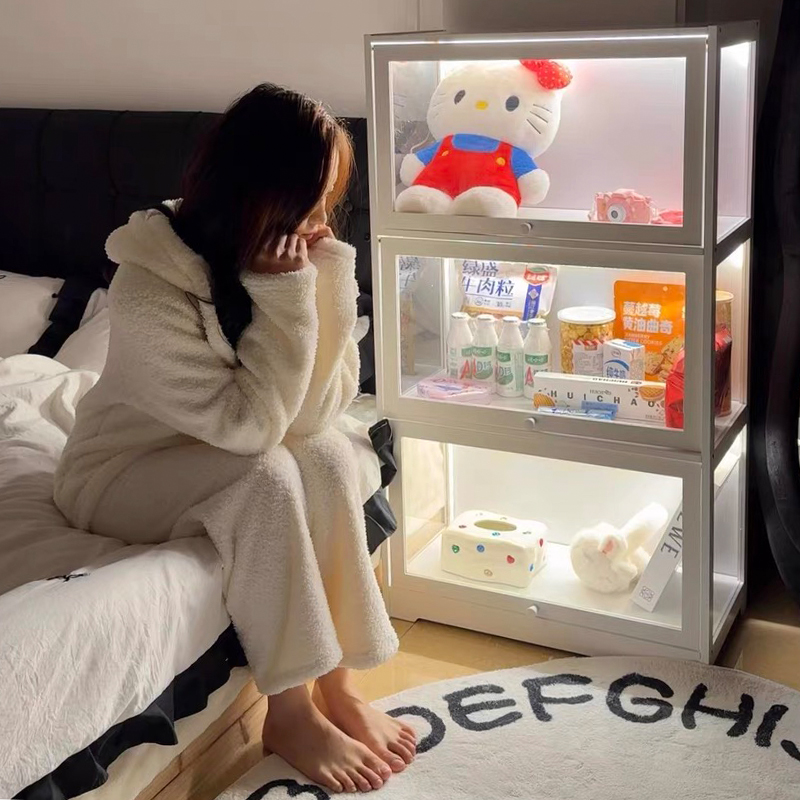 White Bedside Table Bedside Cabinet with Transparent Door Small Storage ...
