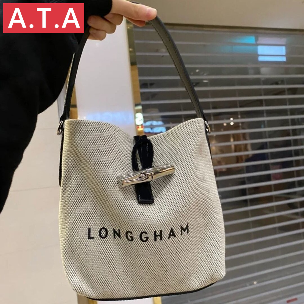 A.T.A New Longchamp bamboo canvas bucket women's hand bill shoulder ...