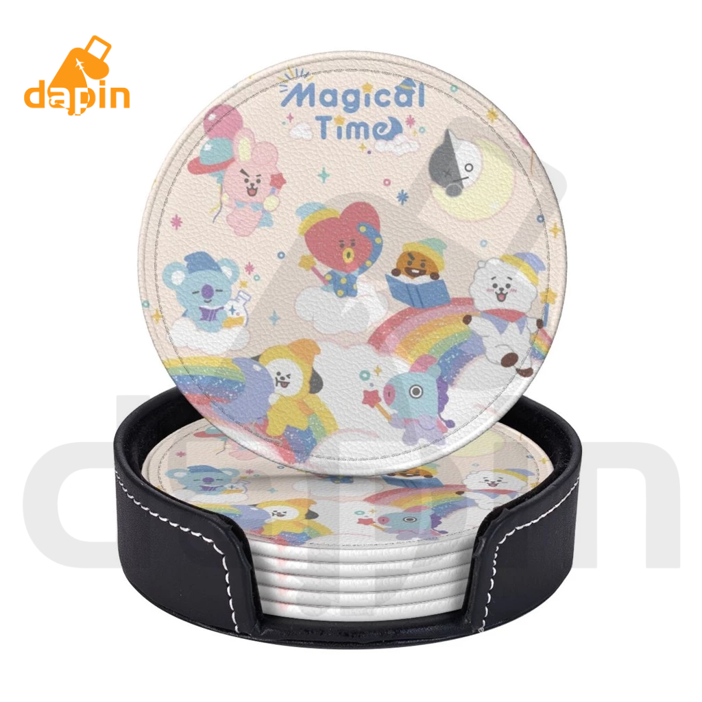 (6Pcs) BTS BT21 Heat Resistant Round Leather Coasters,Leather Coasters ...