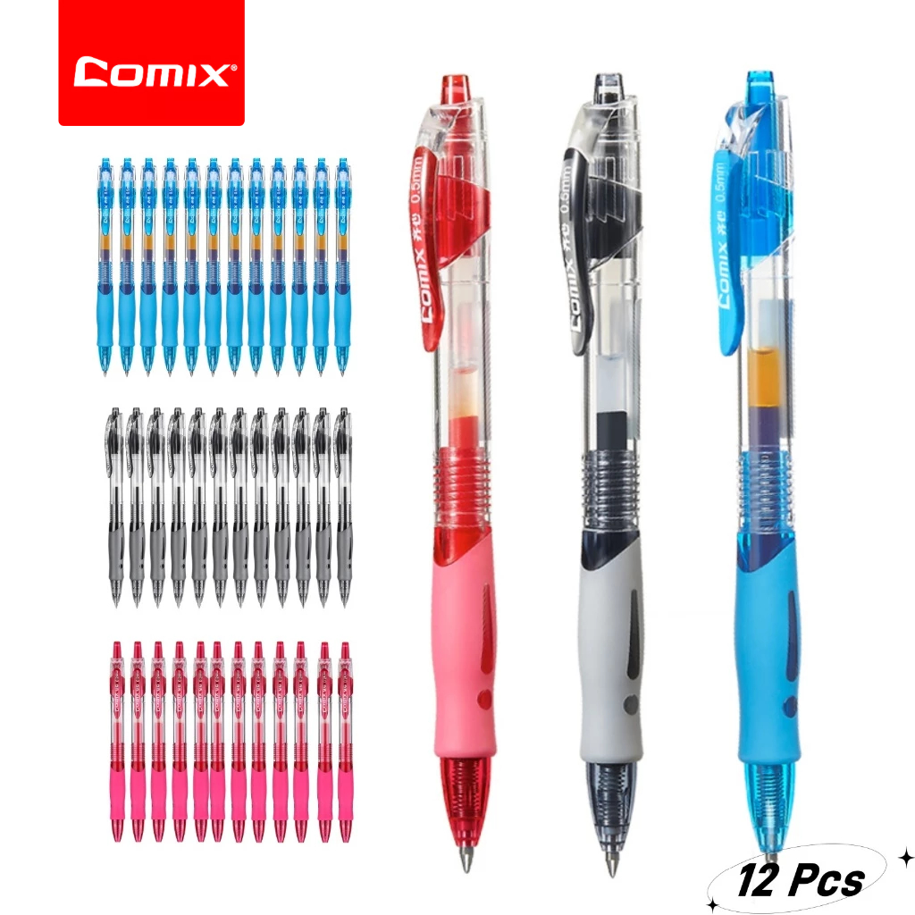 Comix 0.5mm Quick-dry Gel Pen – Set of 12 (Black, Blue, Red) – Smooth ...