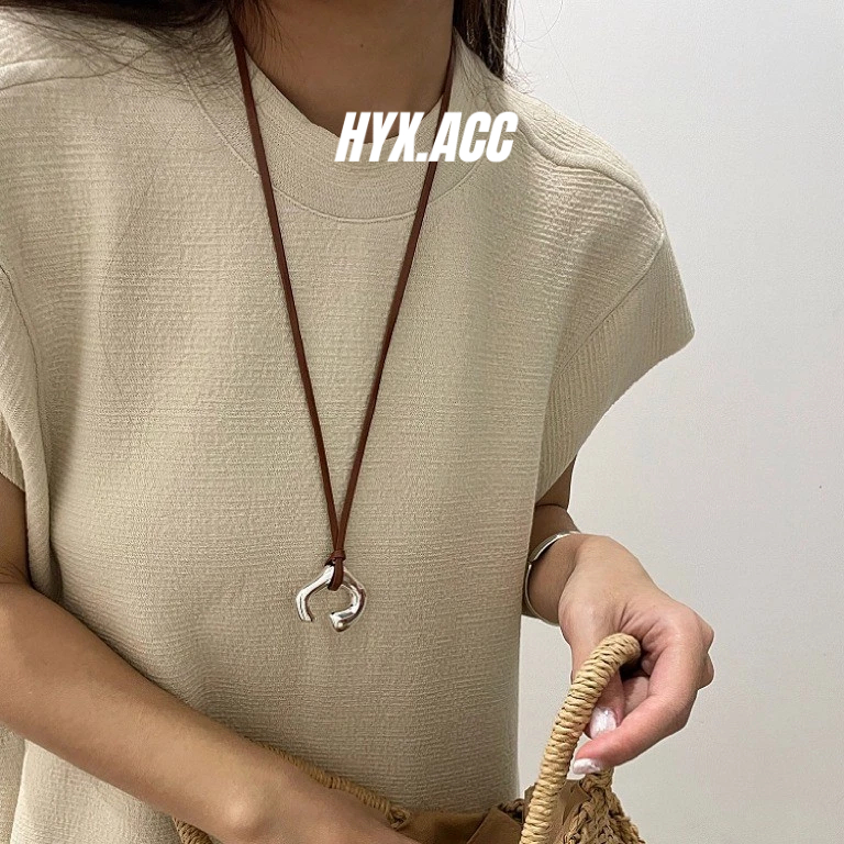 Women's Necklace South Korea Style Brown Rope Metal Pendant Long ...
