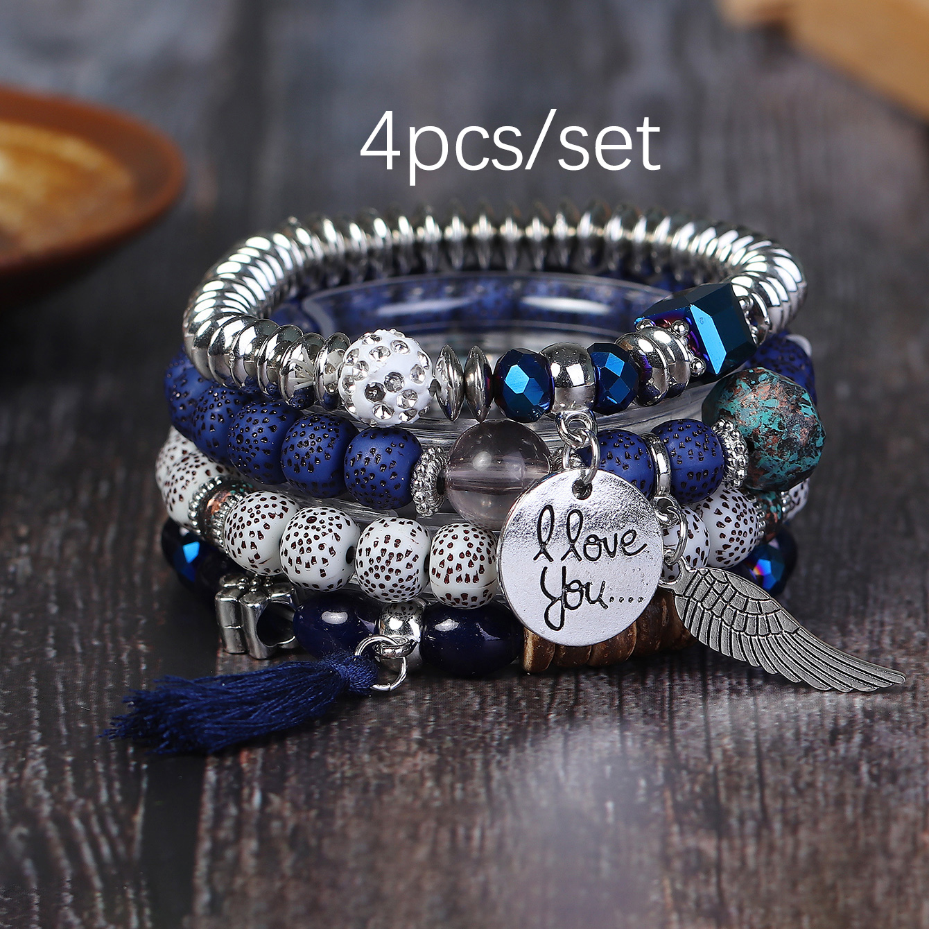 4pcs/set Bohemian Bracelet Glass "I Love You" English Piece Tassel ...