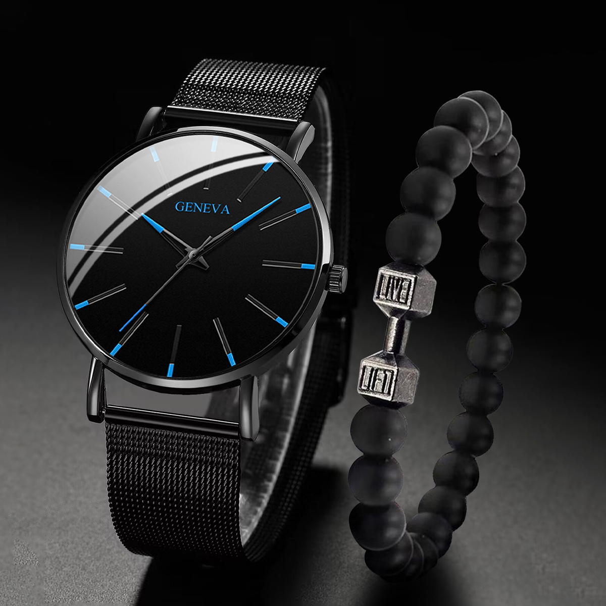 2pcs/set Men's Watch Fashion Ultra-Thin Mesh with Quartz Watch+Bead ...