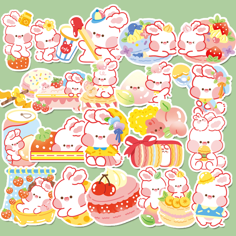 44pcs Cute Strawberry Powder Rabbit Stickers Diy Computer Washi ...