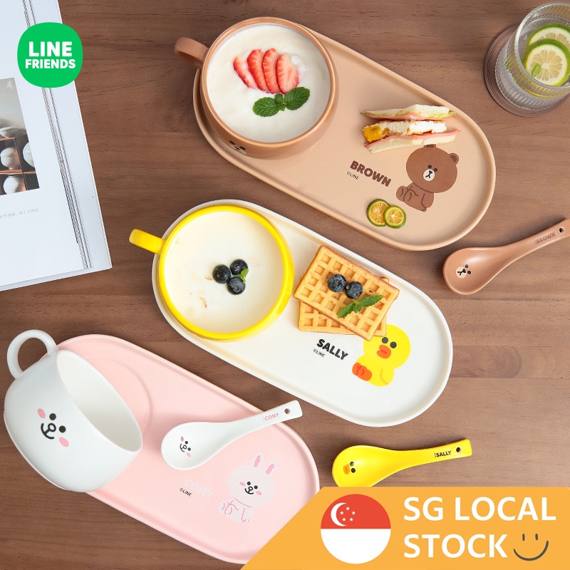 Line Friends Ceramic Mug Plate Spoon Dinnerware Set for 1 Pax Brown Cony Sally | Shopee Singapore