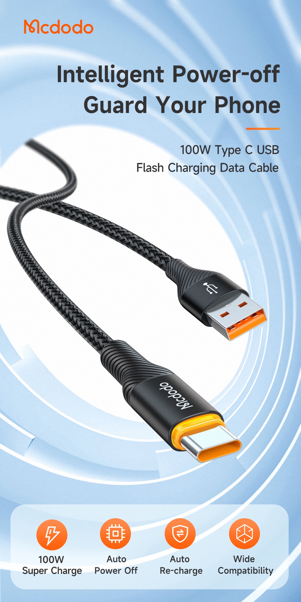 Mcdood NEW 6A AUTO POWER OFF Type C Cable 100W USB TO Type C QC 4.0 ...