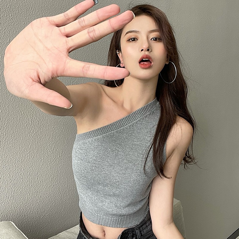 Camisole Korean Style Crop Top Solid Color Sloping Shoulder Casual All 5452