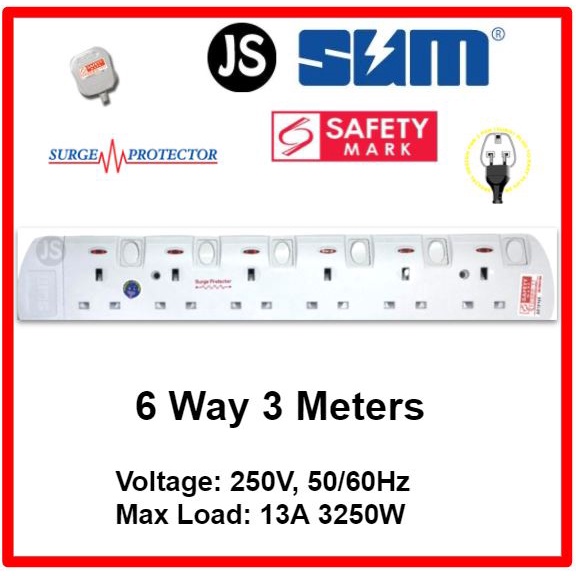 SUM 2/3/4/5/6 WAY Extension Socket (0.5, 1, 2, 3, 6, 10 Meters) with ...