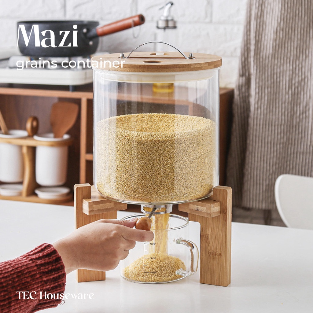KAYU [TEC]MAZI Rice Dispenser Rice Storage Dispenser Wooden Rice ...