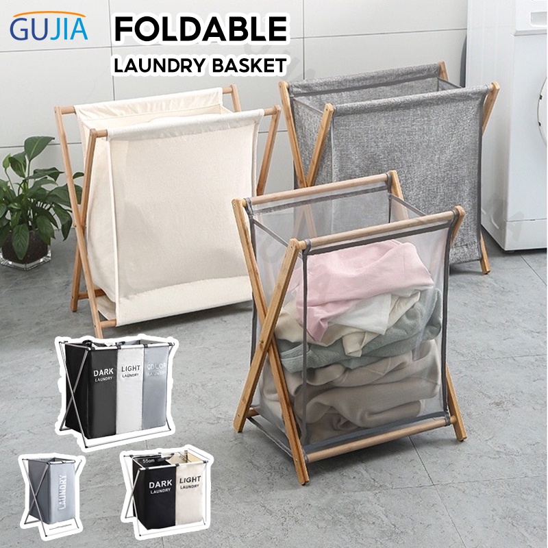 K.T Laundry Basket Organiser Bamboo Laundry Bag Foldable Bag Canvas ...