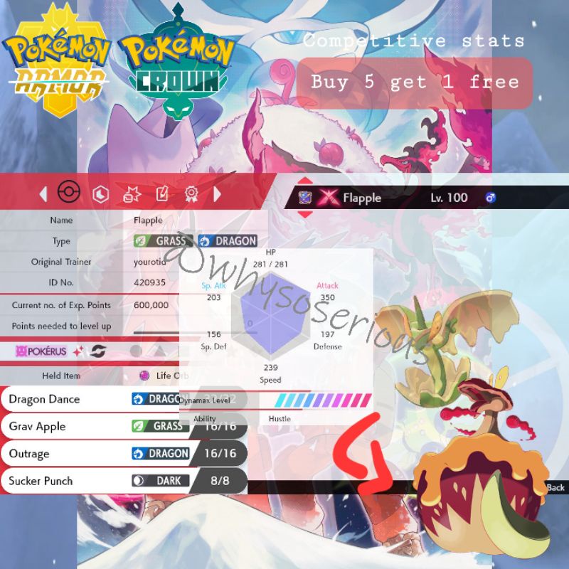 Pokemon Sword and Shield, Square Shiny GMAX Flapple, Battle ready ...