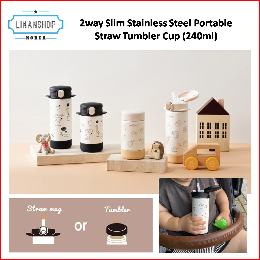 KOREA Richell 2way Slim Stainless Steel Portable Straw Tumbler Cup ...