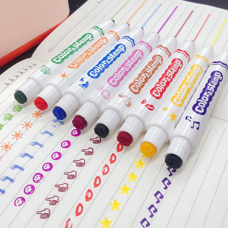 Double Head Stamp Highlighter 8 Color Washable Watercolor Pens Kids Art ...