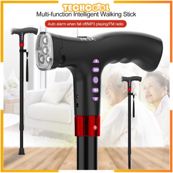 Adjustable LED Walking Stick for The Elderly Outdoor Cane FM Radio MP3 ...
