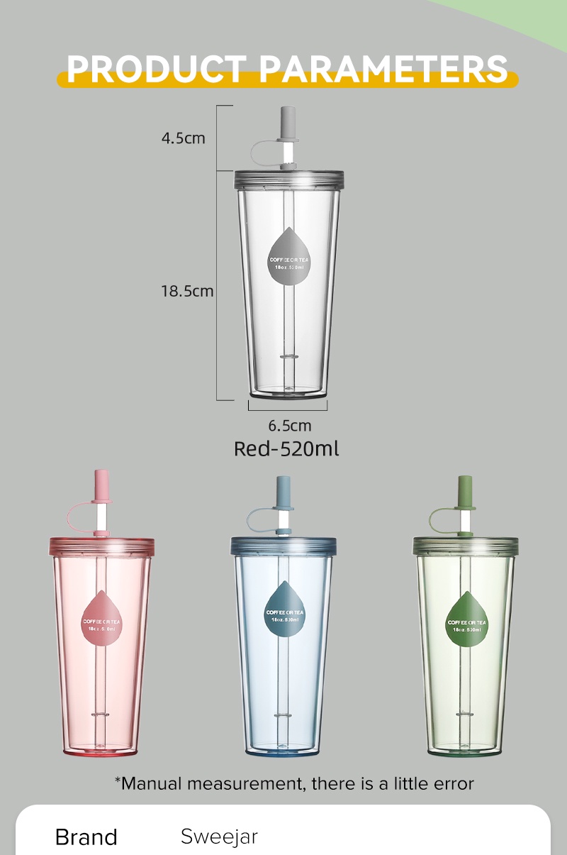 SWEEJAR Double Layer Straw Cup 520ML Cold Insulation Food Grade AS ...