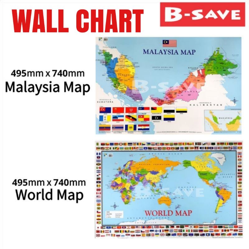 Wall Chart World Map / Map / Peta / Peta Seluruh Dunia / Size 435mm x ...