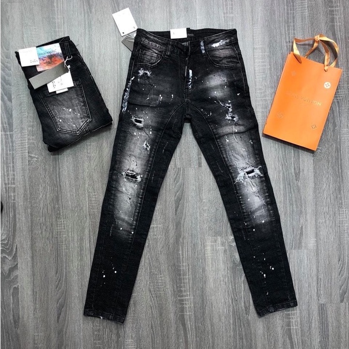 Men's black ripped jeans with beautiful paint splatter print, new model ...