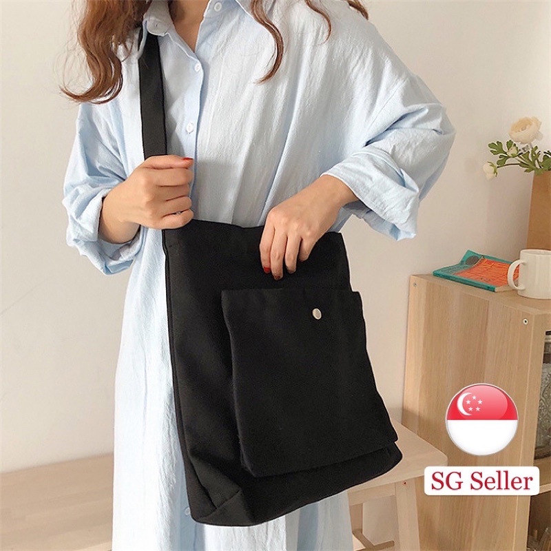 SG Stock Korean Solid Colours Canvas Shoulder Bag Tote Bag Sling Bag ...