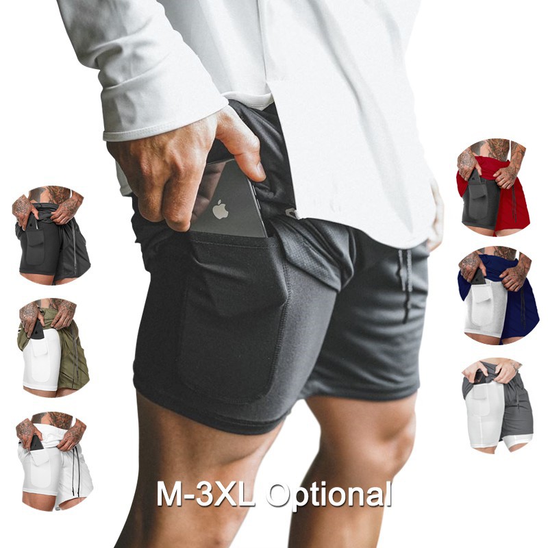 2 in1 Summer Men Gym Shorts Sport Fitness Running Shorts Pockets Quick ...