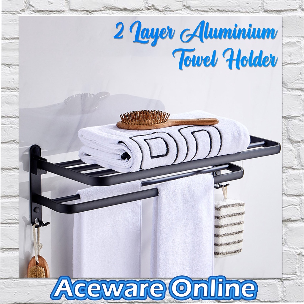 2 Layer Foldable Aluminium Towel Holder Wall Mounted Towel Rack Clothes ...