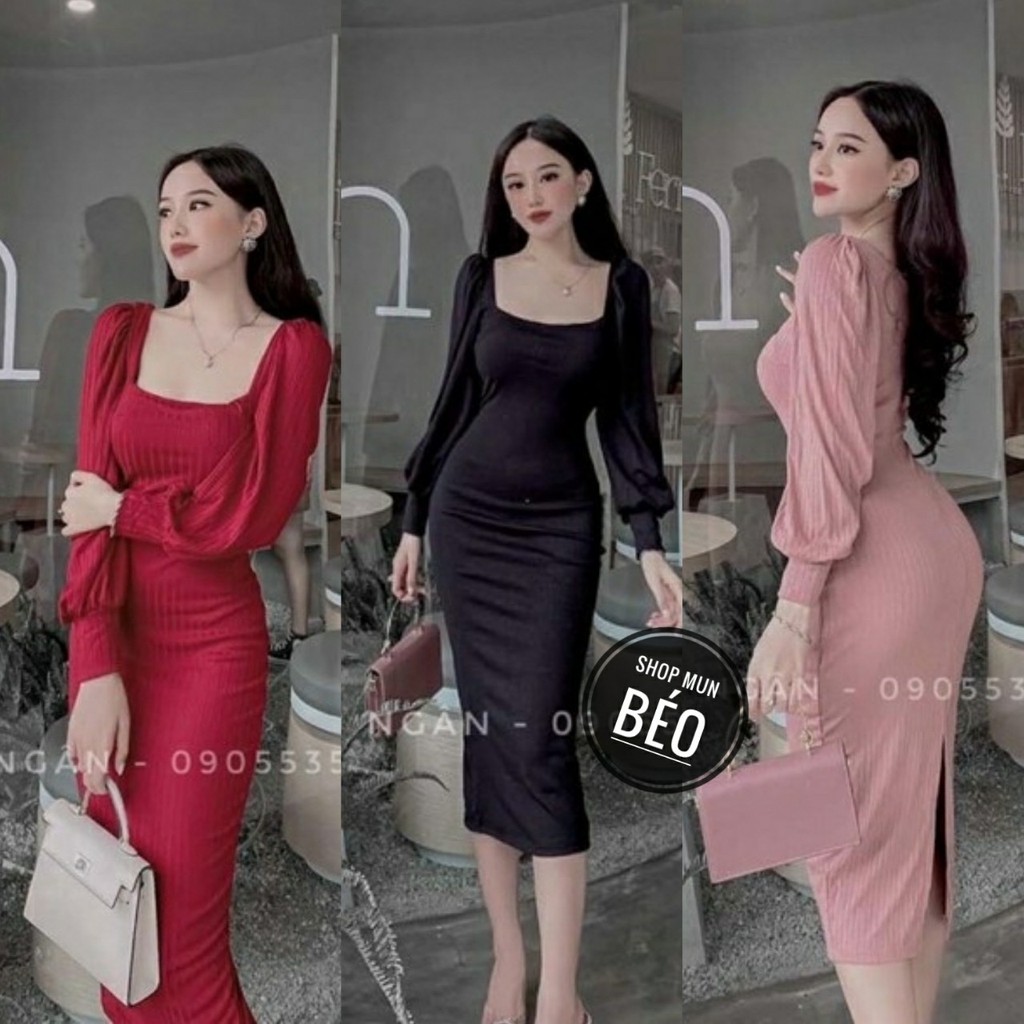 [NEW Model] Square Neck Long Sleeve Ribbed Bodycon Dress Suitable for ...