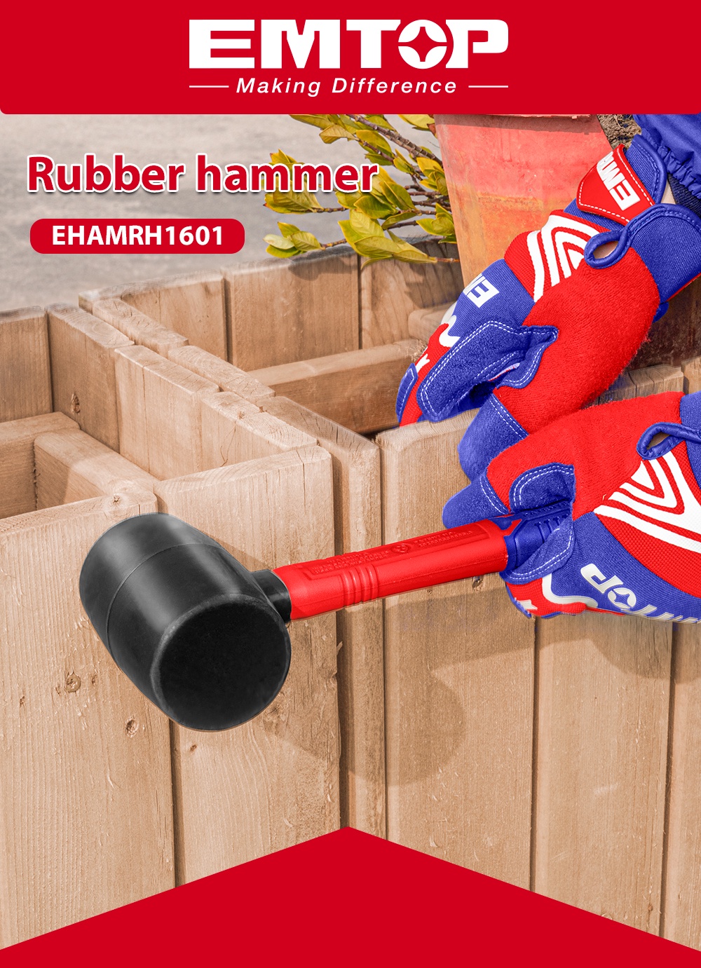 EMTOP Rubber Hammer 16oz Rubber Mallet With Fiberglass Handle For ...