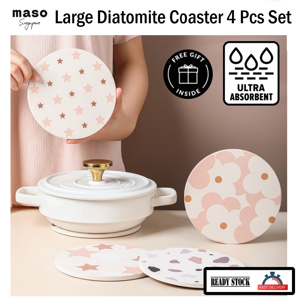 Large Diatomite Coaster Set - Fast Absorption, Non Slip Cork Base, High ...