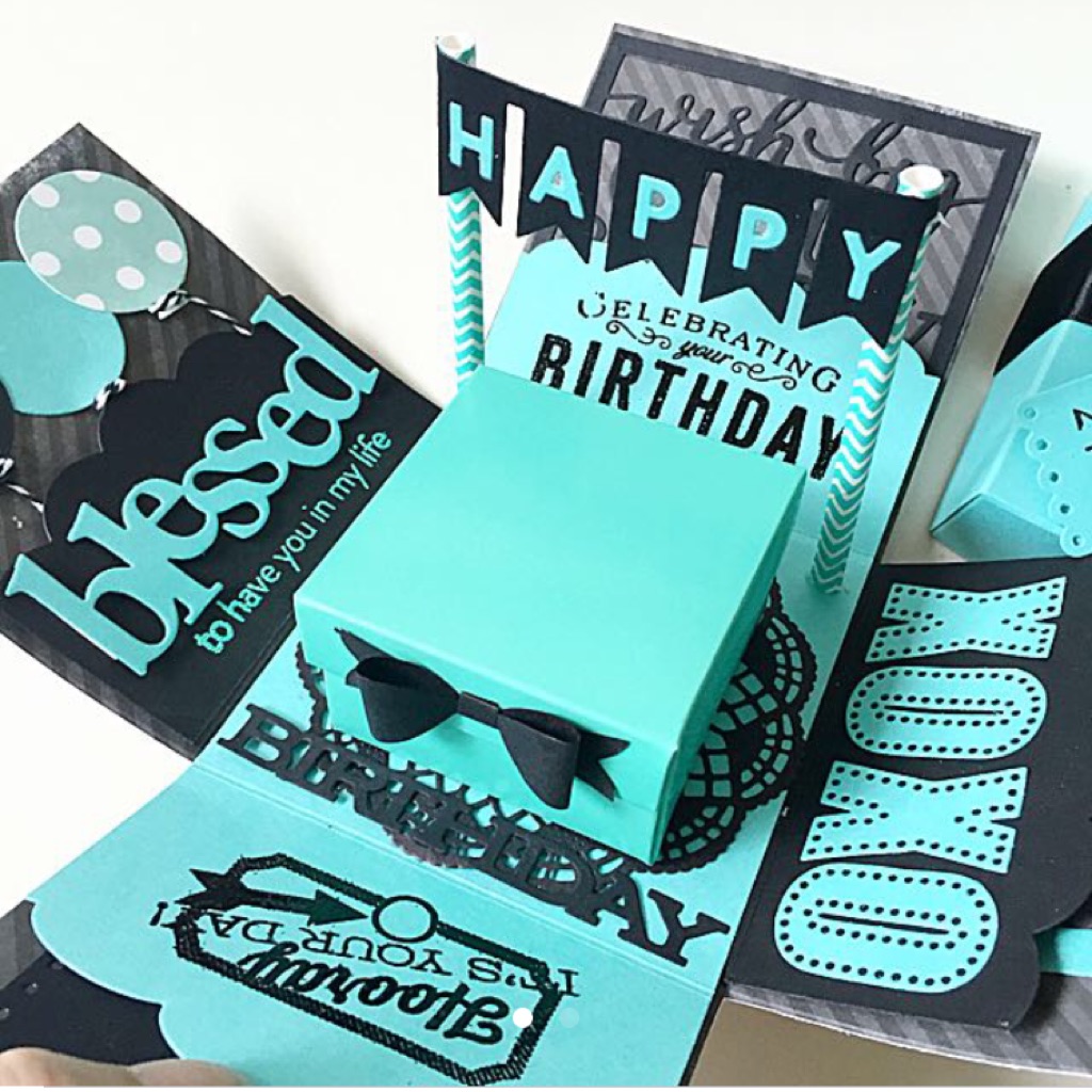 Happy birthday explosion box card in teal and black | Shopee Singapore
