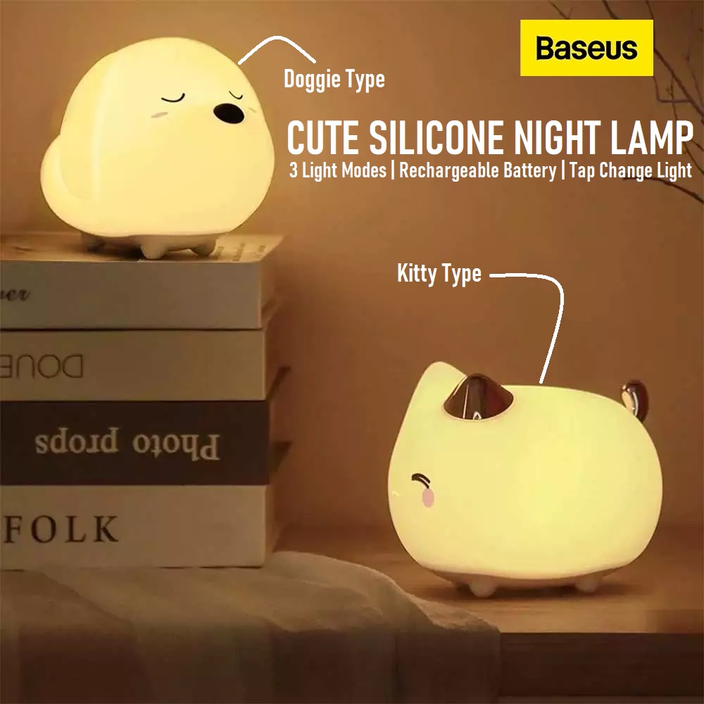 Baseus Portable Cute Night Lamp 3 Light Mode Table Lamp Silicone Kitty ...